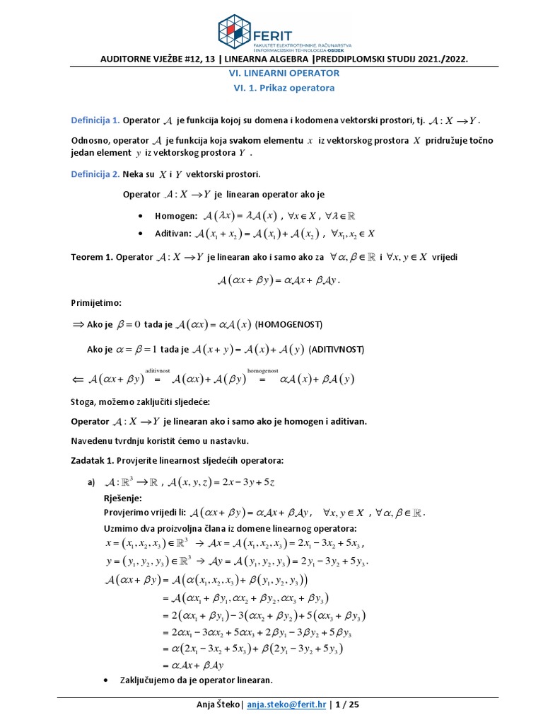VI.1.2.3.4. Definicija Linearnog Op. Rang I Defekt. Matricni Prikaz. Matrica Prijelaza | PDF