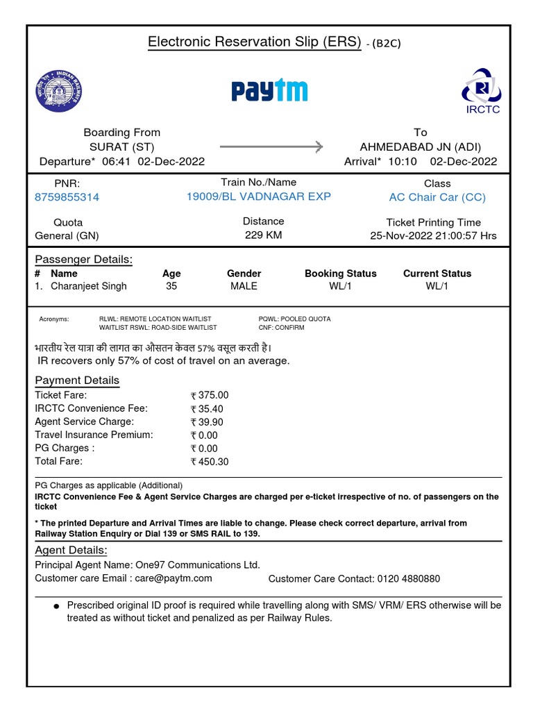 Train Ticket Surat To Ahmedabad | PDF | Identity Document | Service Industries