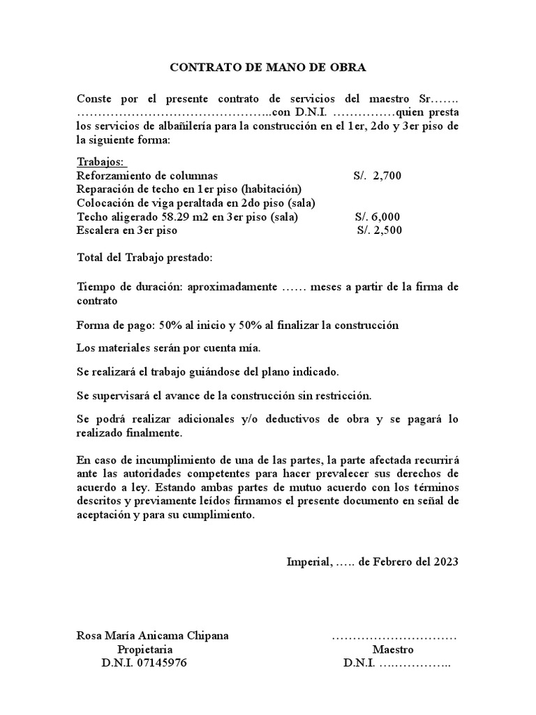 Contrato de Mano de Obra | PDF