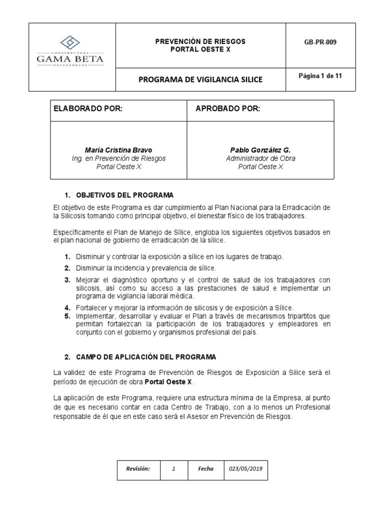 GB-PR-009 Programa Vigilancia Silice | PDF | Higiene Ocupacional | Ciencias de la Salud