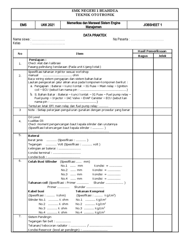 Jobsheet 1 Tune Up Mesin EFI UKK 2021 | PDF