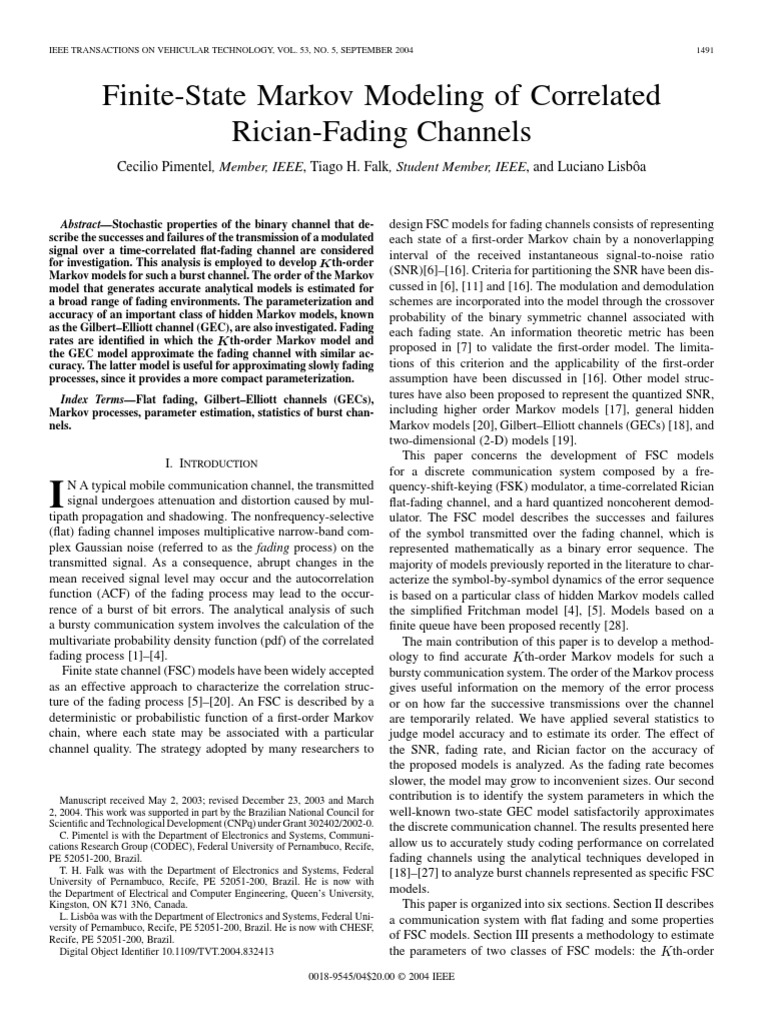 Finite-State Markov Modeling of Correlated Rician-Fading Channels | PDF | Markov Chain ...