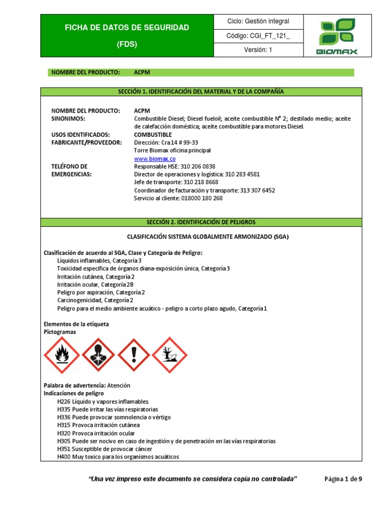 FDS - ACPM Biomax-20214 | PDF | Agua | Residuos