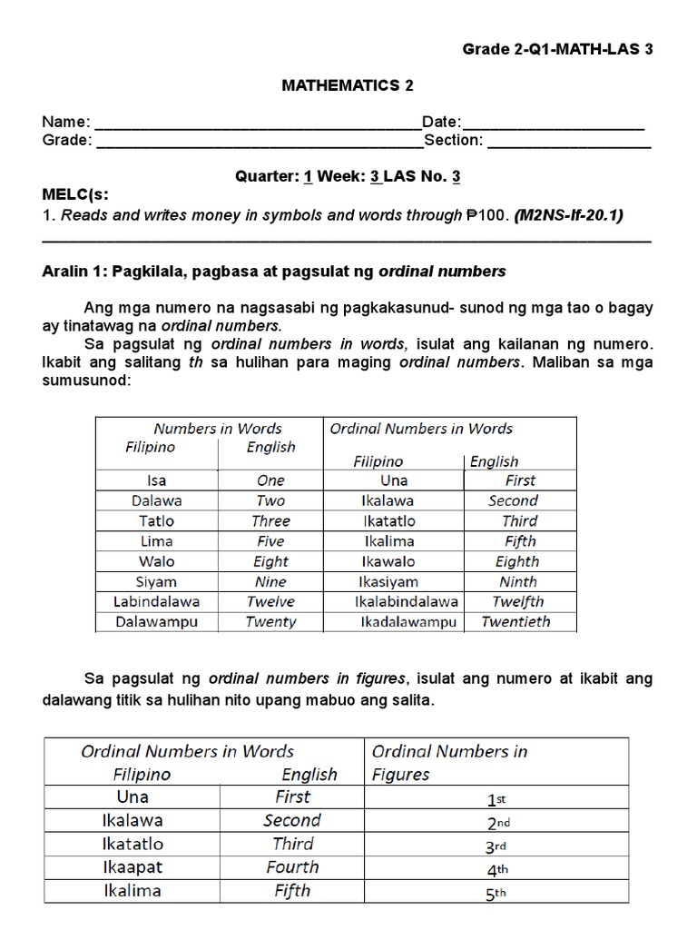 Grade 2 q1 Math Las 3 | PDF