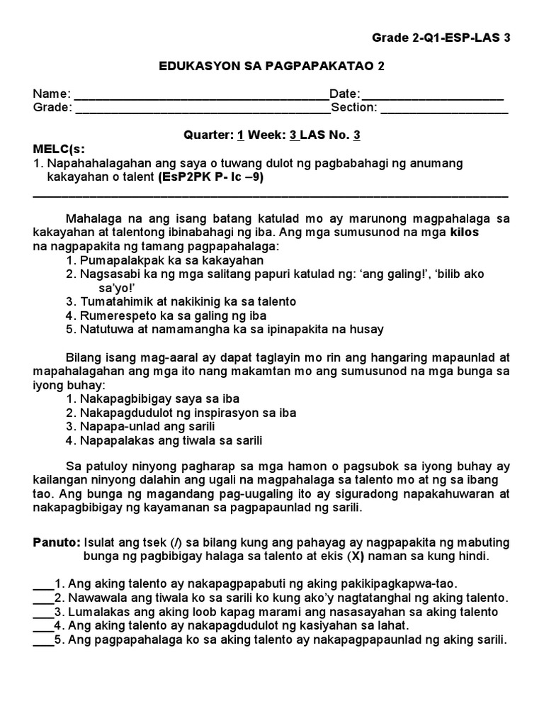 Grade 2 q1 Esp Las 3 | PDF