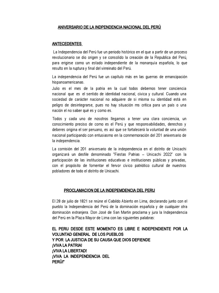Aniversario de La Indpendencia Nacional Del Perú | PDF | Perú ...