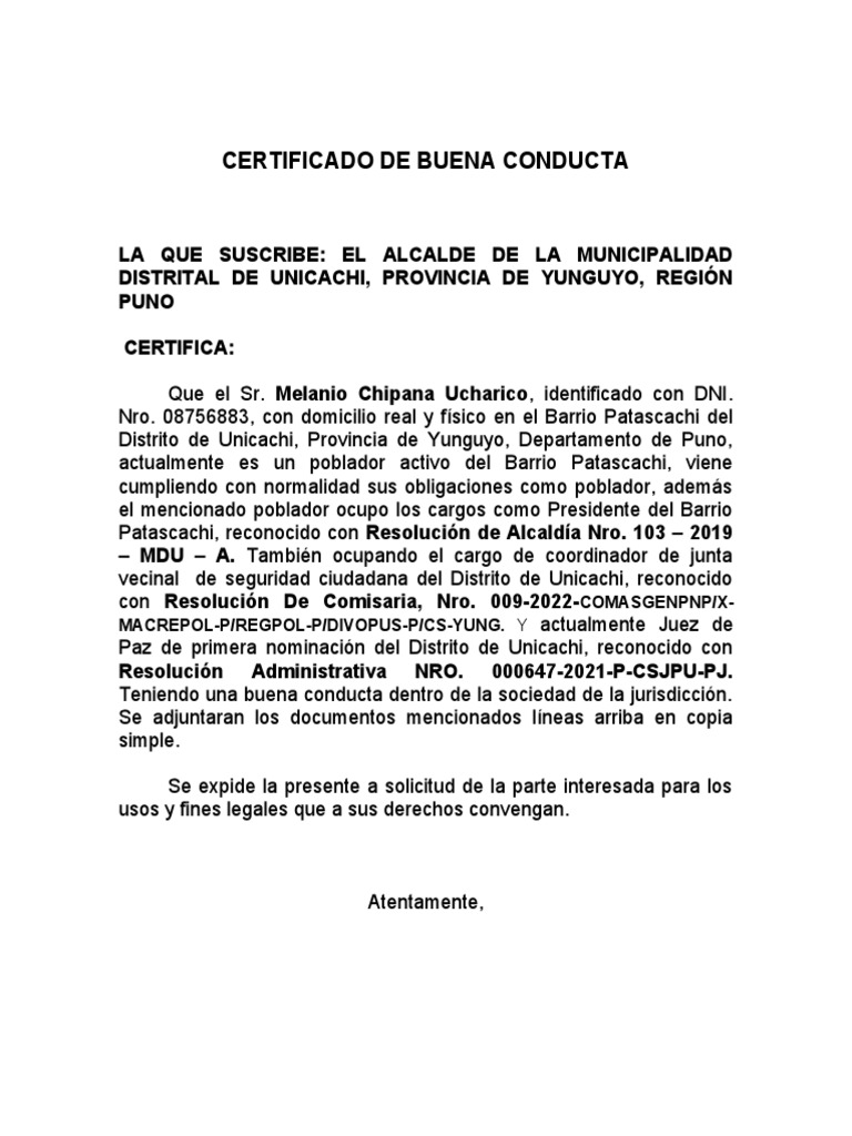 Certificado de Buena Conducta Señor Melanio Chipana | PDF