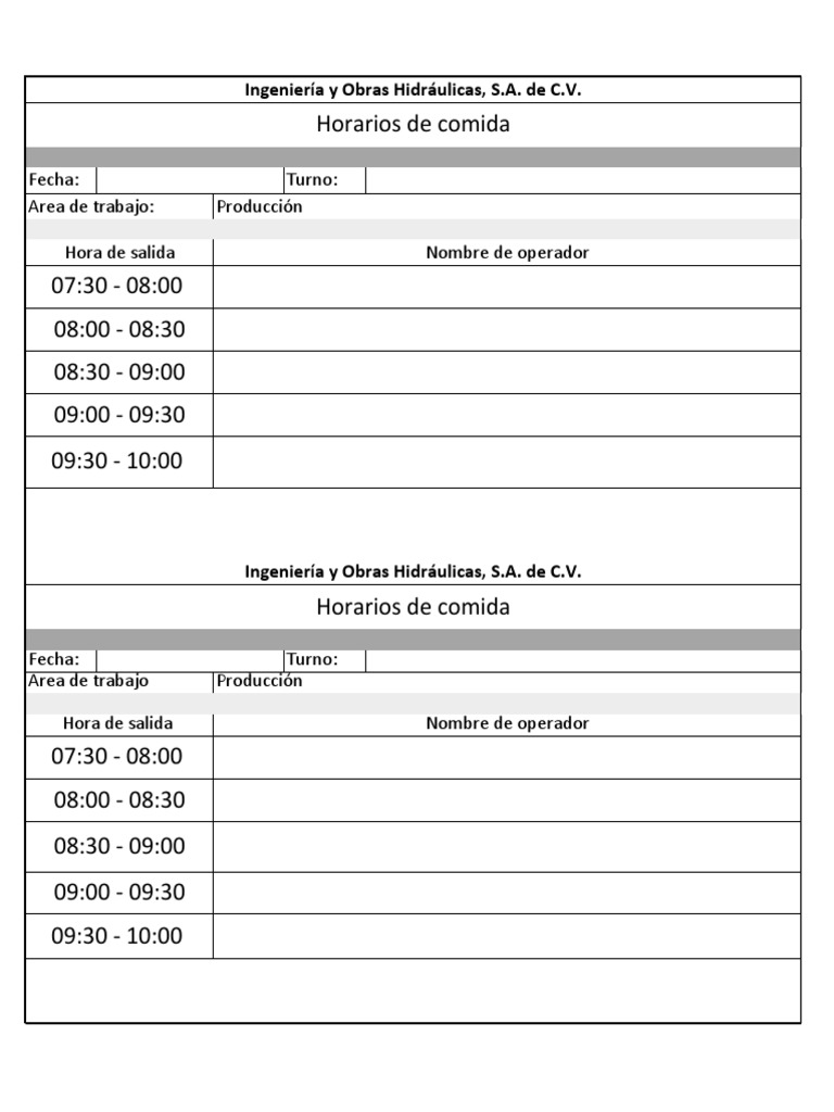Formato de Horarios de Comida | PDF