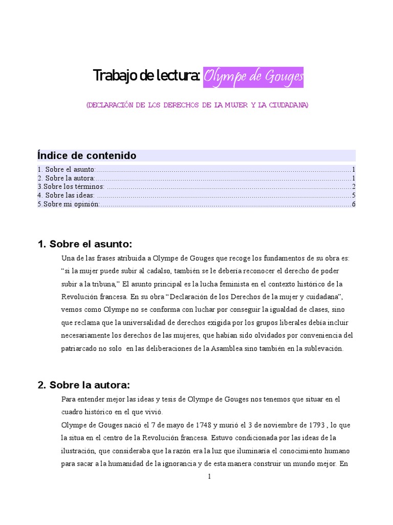 Tabajo de Lectura Olympe de Gouges. | PDF