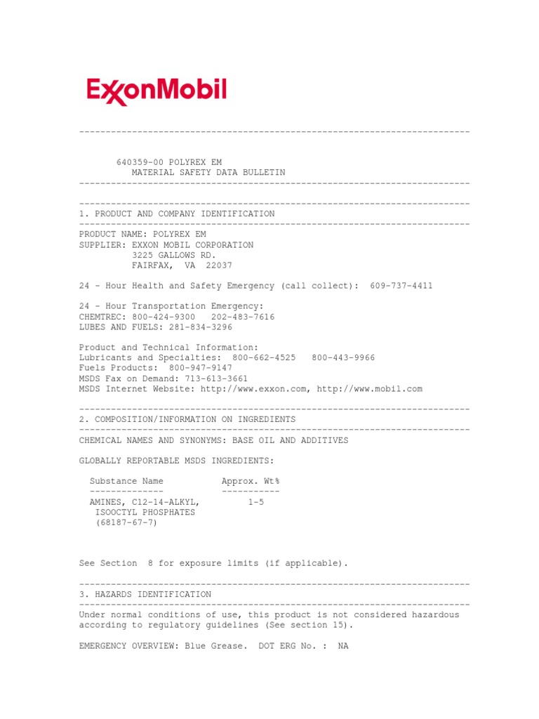 MSDS Grasa Polyrex EM Exxon | PDF | Toxicity | Hazardous Waste