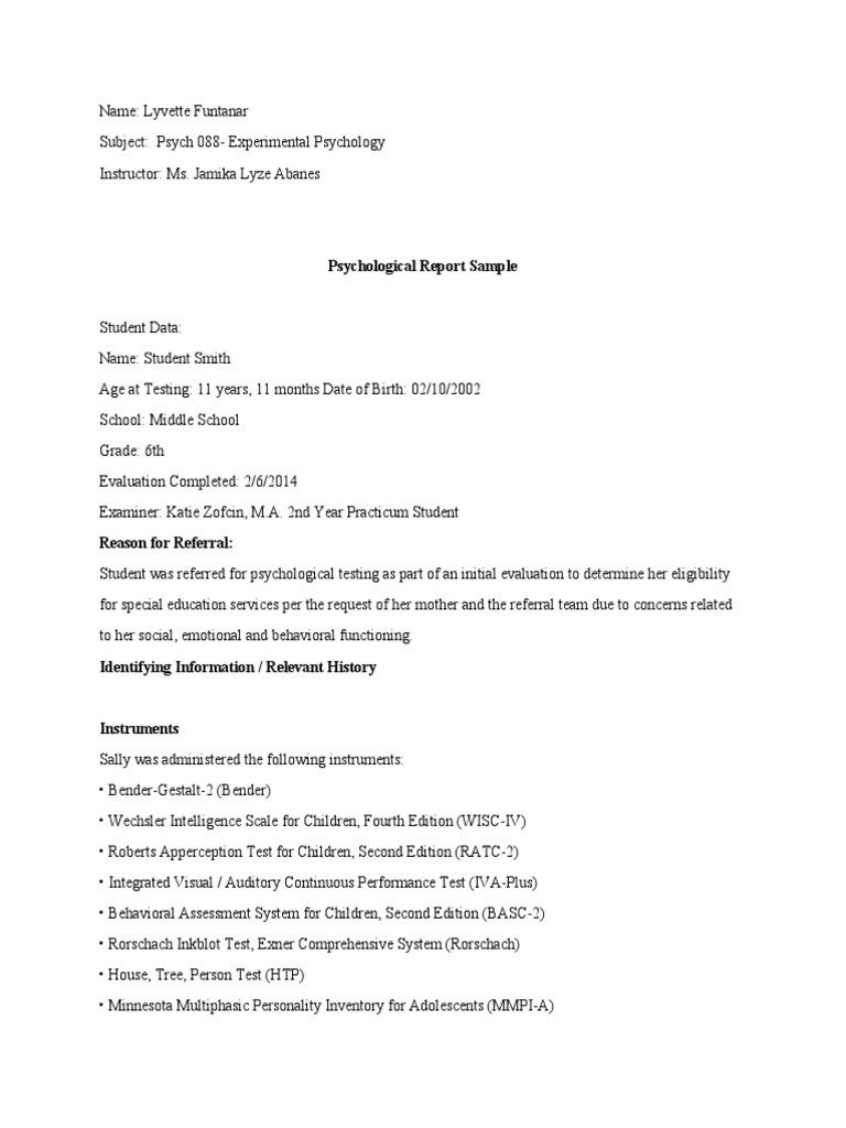 Psychological Report Sample | PDF | Attention Deficit Hyperactivity ...