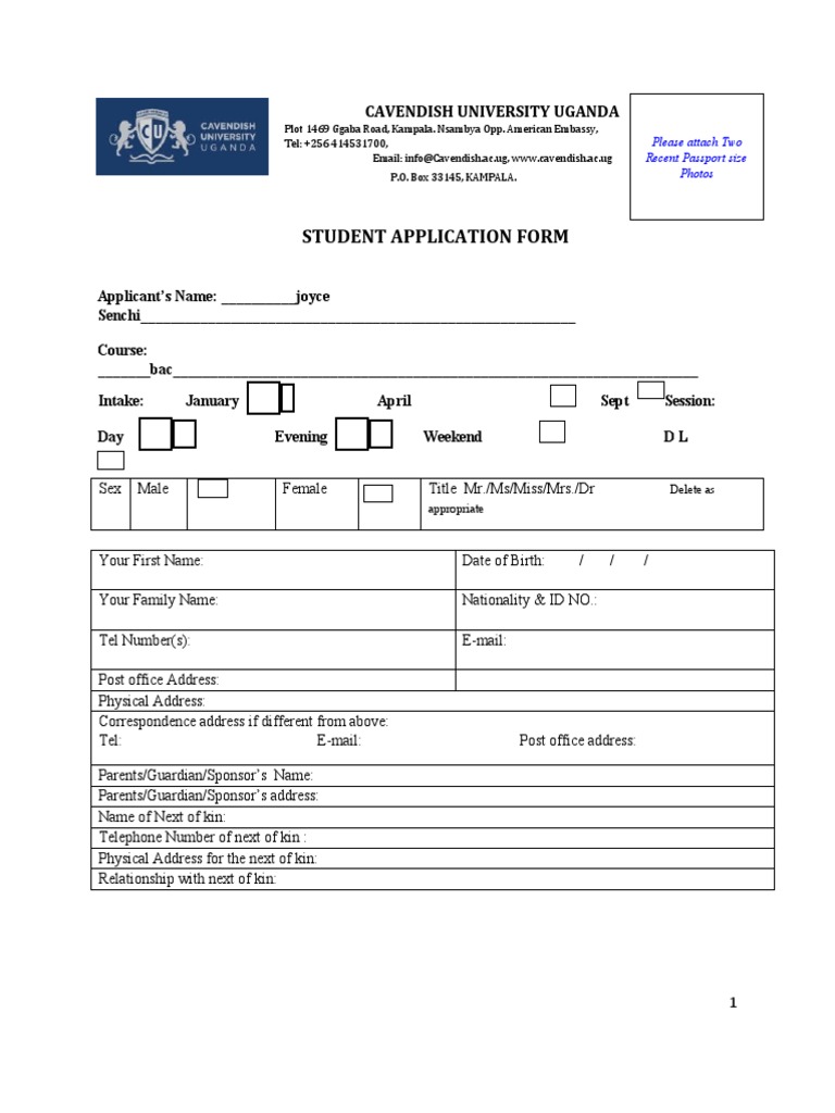 Student Application Form: Cavendish University Uganda | PDF | Fee ...