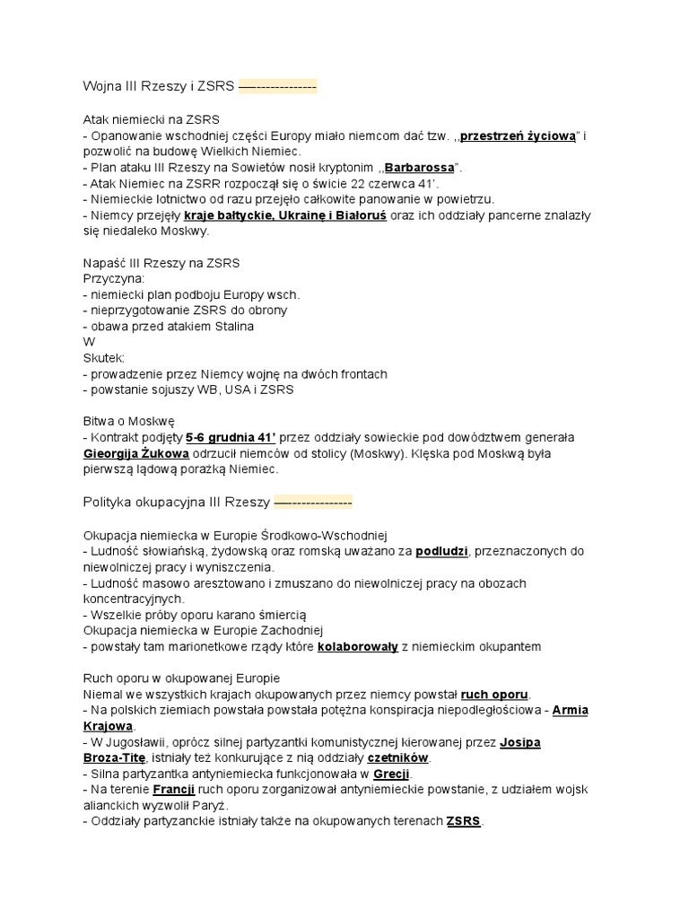 Wojna III Rzeszy I Zsrs Klasa 8 Notatki | PDF