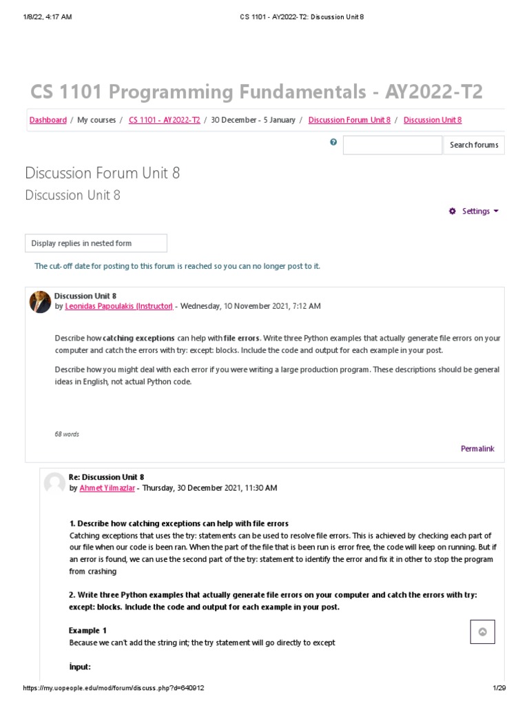 CS 1101 - AY2022-T2 - Discussion Unit 8 | PDF | Computer File ...