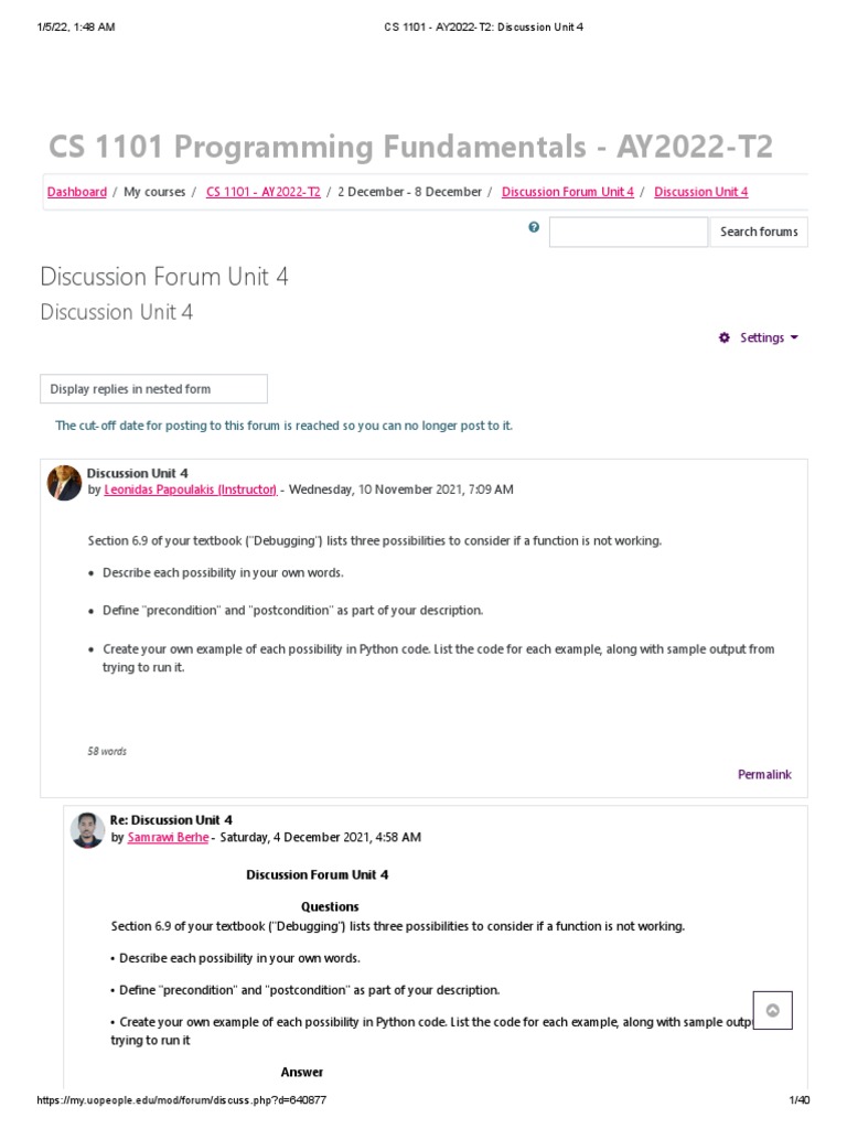 CS 1101 - AY2022-T2 - Discussion Unit 4 | PDF | Parameter (Computer Programming) | Subroutine