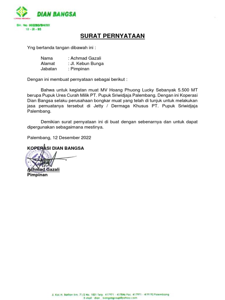 Surat Pernyatan RKBM MV Hoang Phuong Lucky | PDF