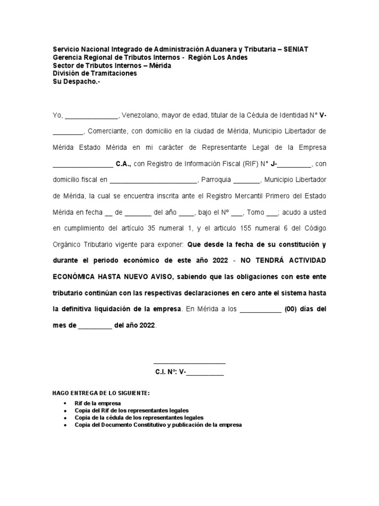 Modelo de Carta de Inactividad - Seniat | PDF Modelo de Carta de Inactividad - Seniat | PDF