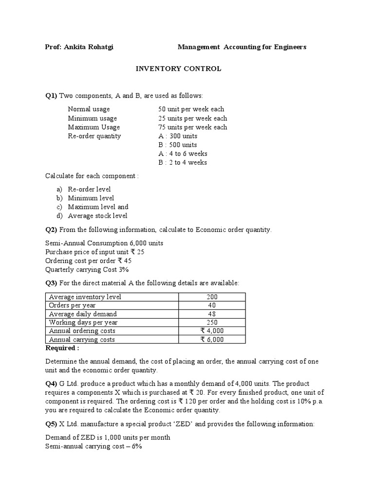 Calculating Economic Order Quantities and Inventory Levels for Materials and Components | PDF ...