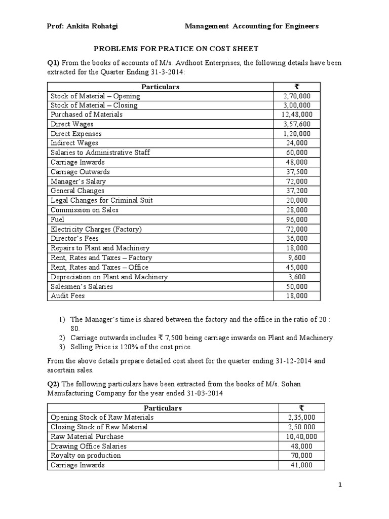 Cost Sheet Preparation Exercises | PDF | Expense | Depreciation