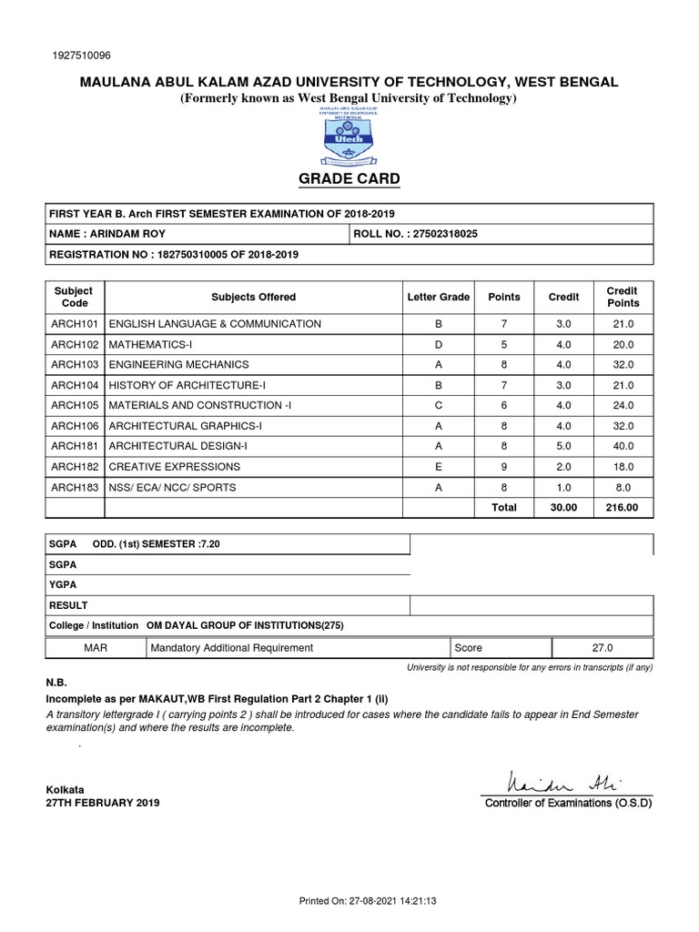Analysis of Arindam Roy's Grade Card for the First Semester of the First Year B. Arch Program | PDF