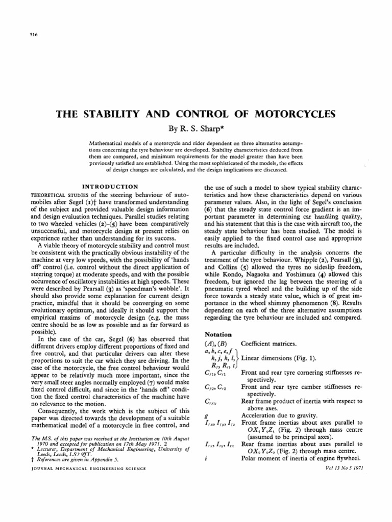 The Stability and Control of Motorcycles Sharp1971 | PDF | Rotation ...
