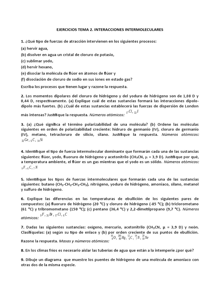 EJERCICIOS TEMA 2 - Intermoleculares | PDF | Fuerza intermolecular | Hidrógeno