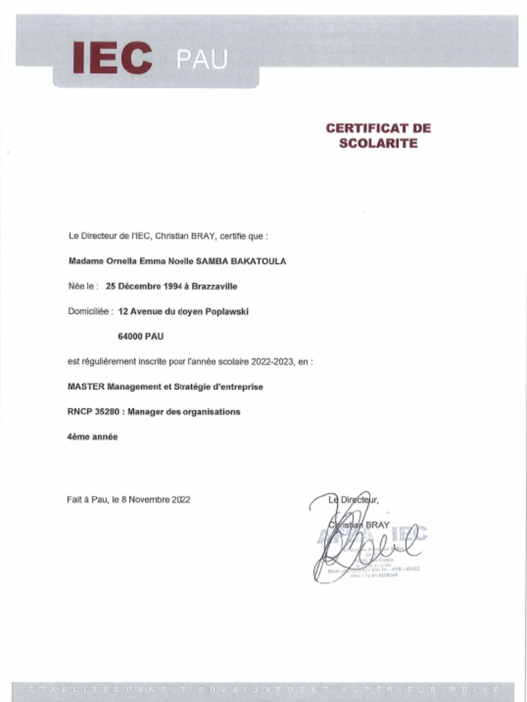 Certificat de Scolarité | PDF