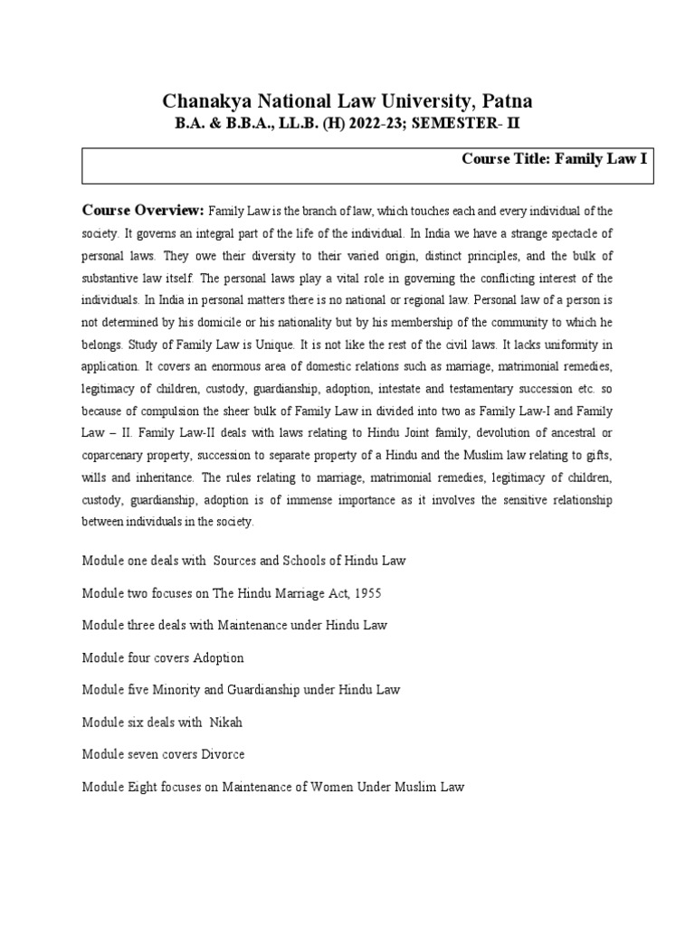 Family Law I Course Overview | PDF | Divorce | Marriage
