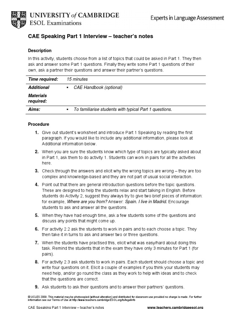 Cae Speaking Part 1 | PDF | Question | Interview