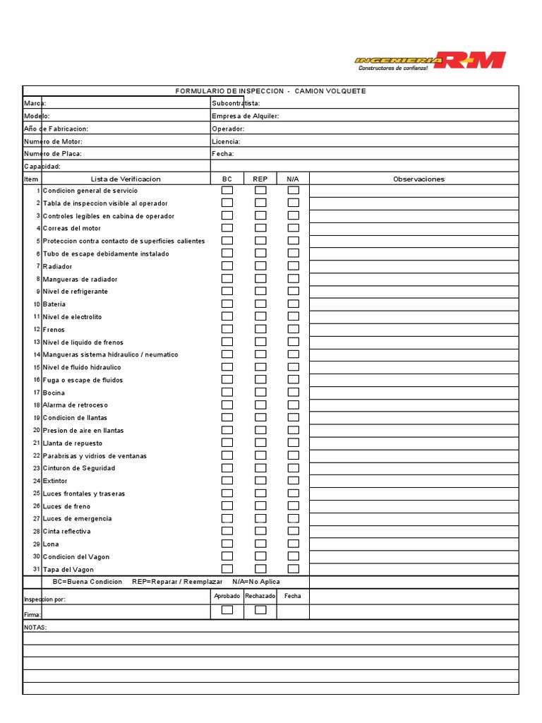 Checklist Insp - Camion Volquete | PDF Checklist Insp - Camion Volquete | PDF