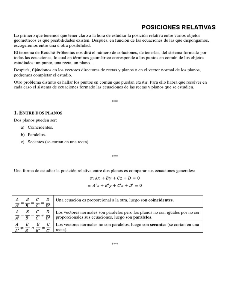 Resumen Posiciones Relativas | PDF | Ecuaciones | Espacio vectorial