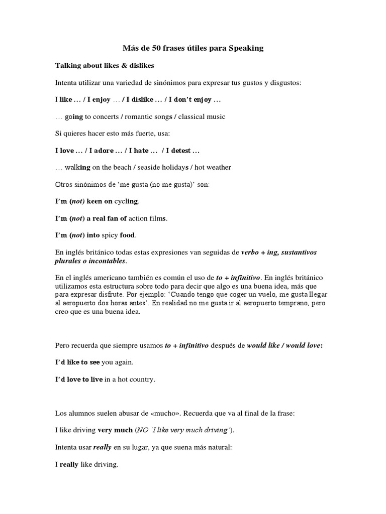 Más de 50 frases útiles para hablar con fluidez | PDF | Morfología ...