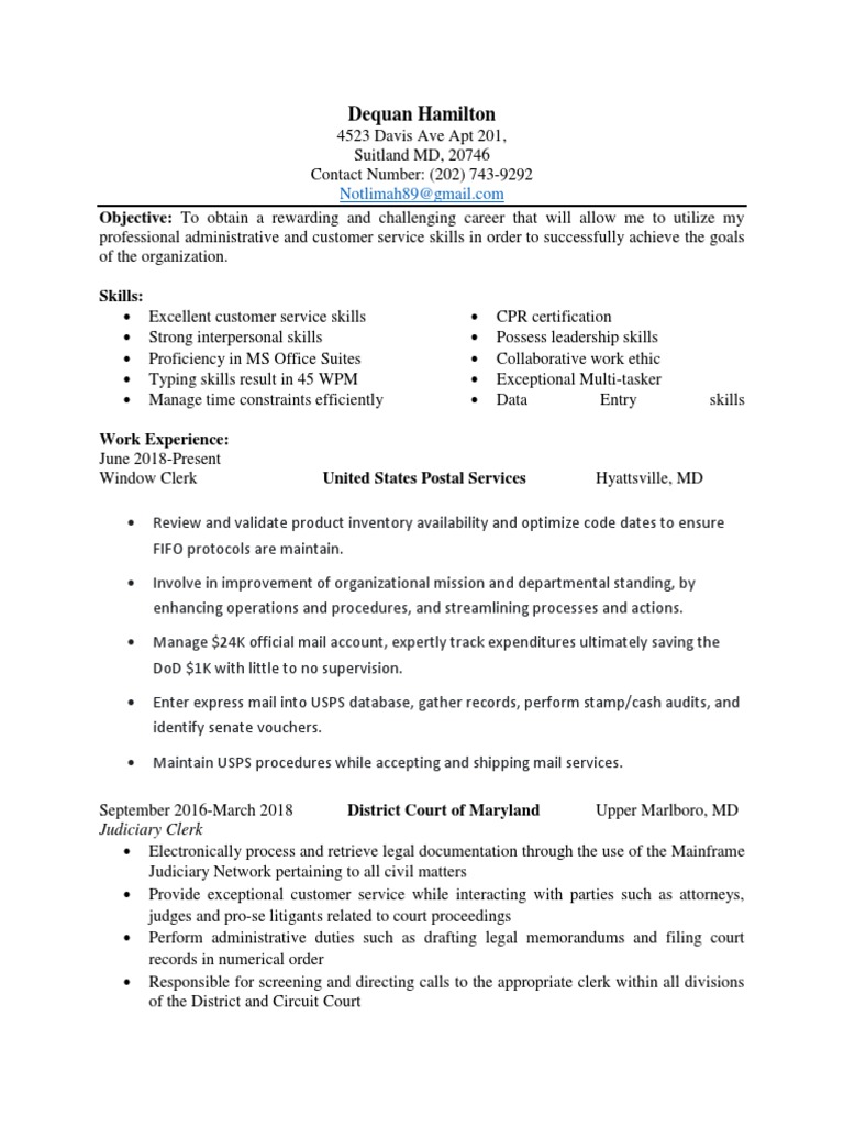Resume Dequan Hamilton | PDF | United States Postal Service | Business