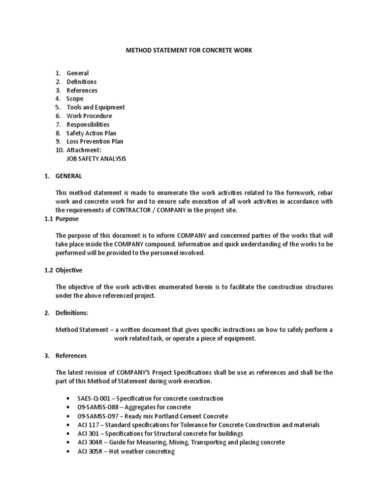 Method Statement For Concrete Work | PDF | Concrete | Building Materials