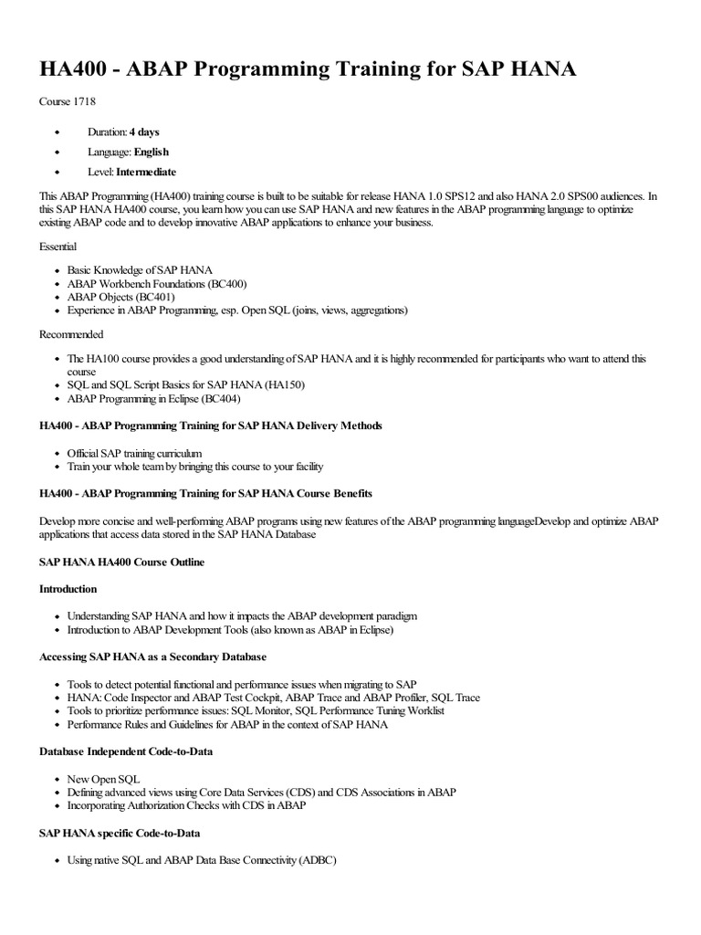 Abap Programming For Sap Hana Ha400 | PDF | Databases | Computing