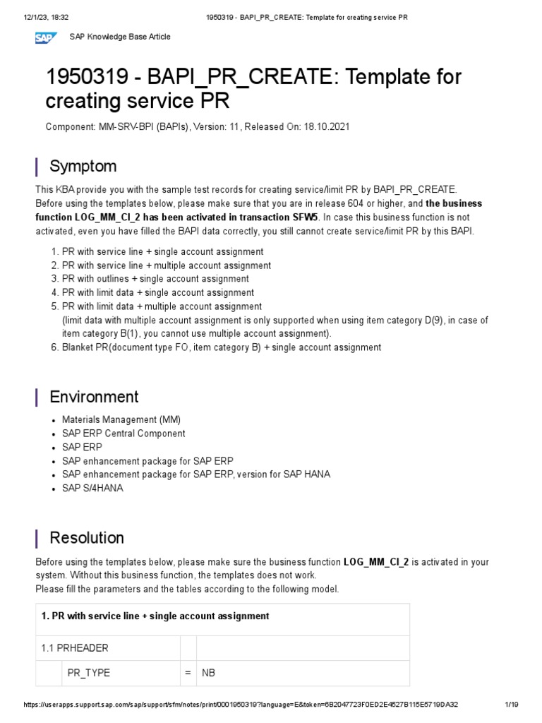 BAPI - PR - CREATE - Template For Creating Service PR | PDF | Software Engineering | Information ...