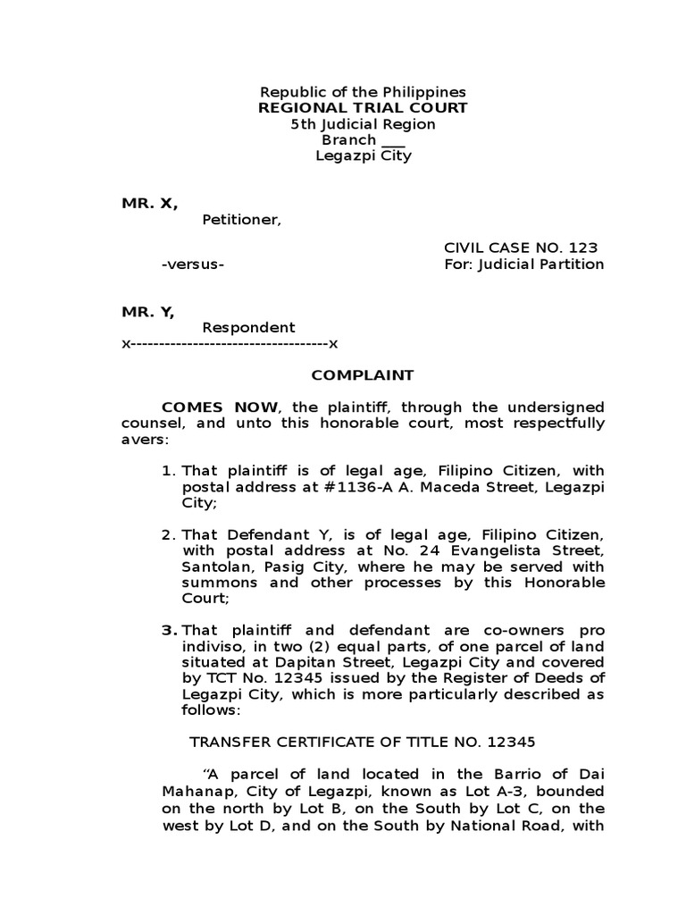 Request for Judicial Partition of a Co-Owned Property | PDF | Lawsuit ...