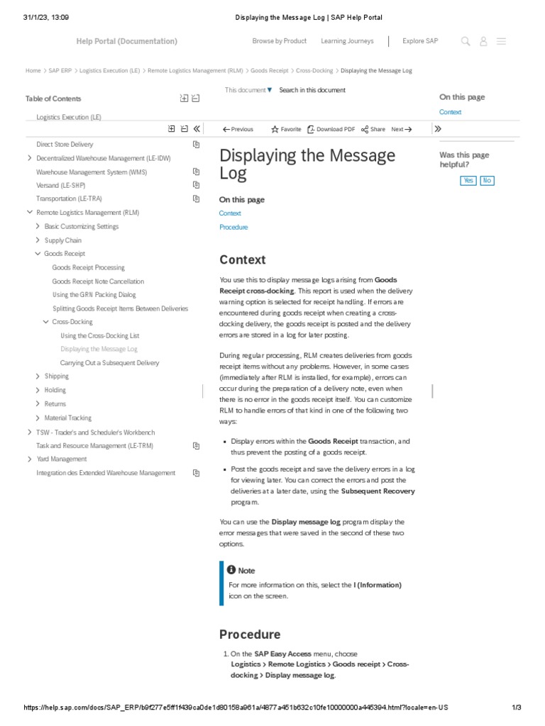 Displaying The Message Log - SAP Help Portal | PDF | Logistics | Warehouse