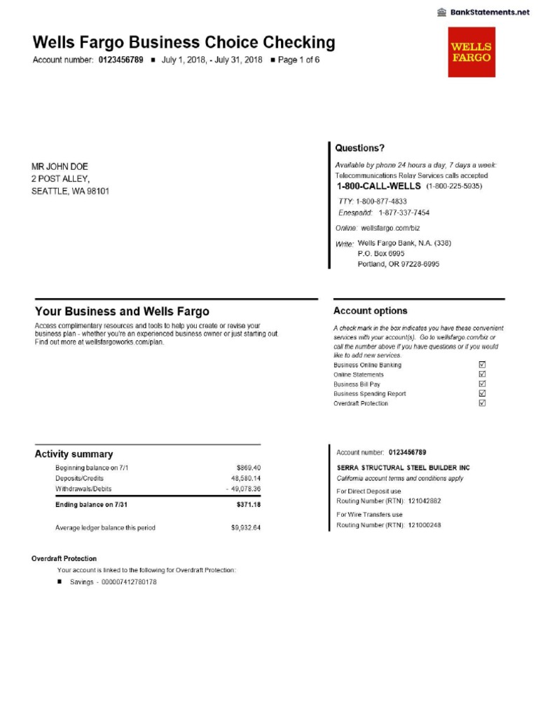 Business Bank Statement Wells Fargo | PDF