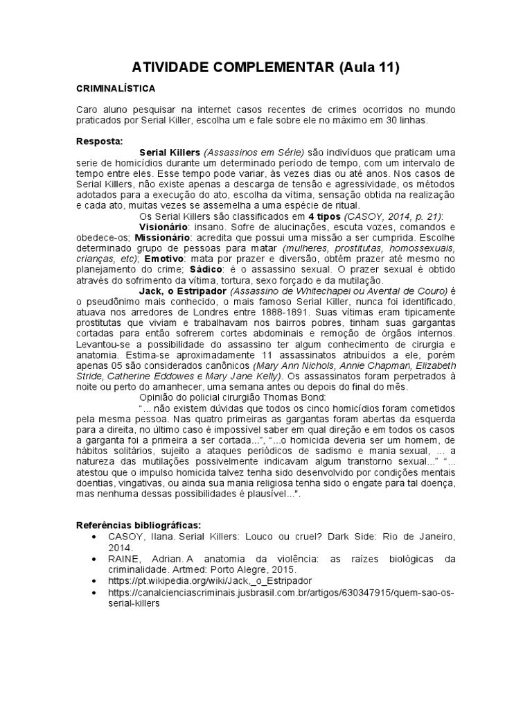 AULA 11 - Atividade Complementar (Criminalística) | PDF | Assassino em série | Crimes