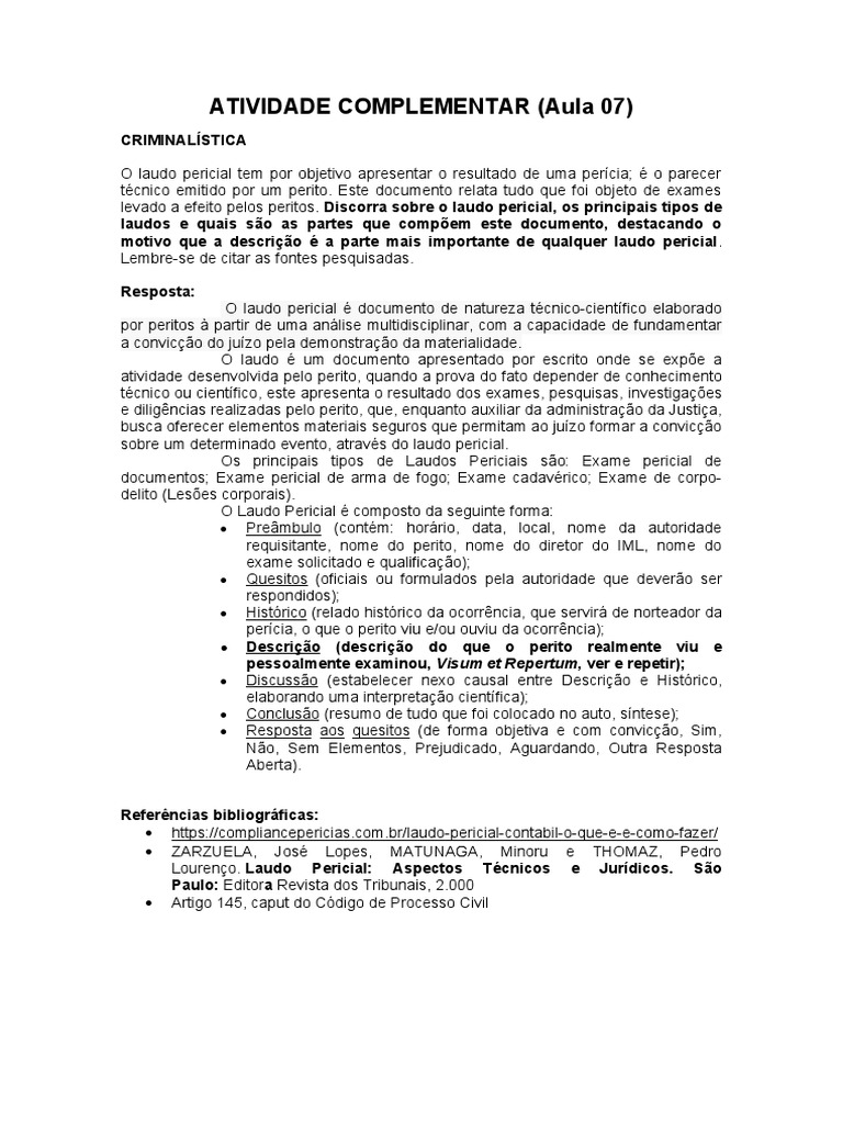 AULA 07 - Atividade Complementar (Criminalística) | PDF
