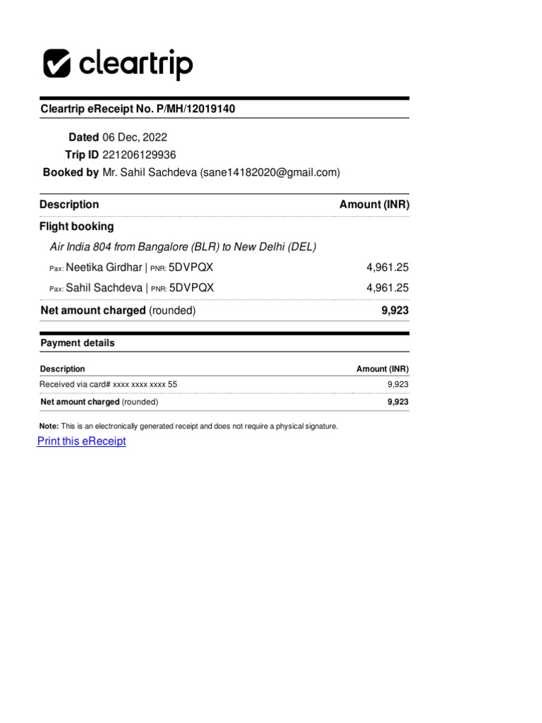 Cleartrip Flight eReceipt Dec 2022 | PDF