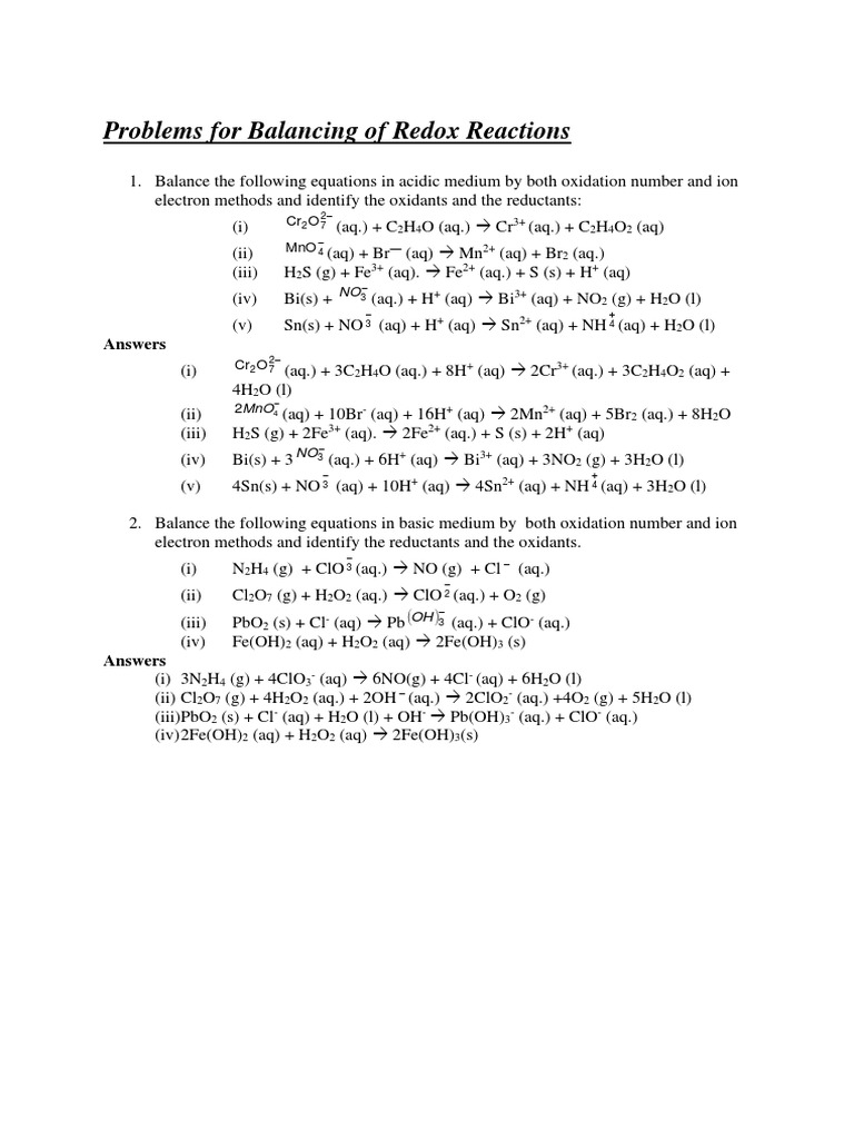 Problems For Balancing of Redox Reactions | PDF
