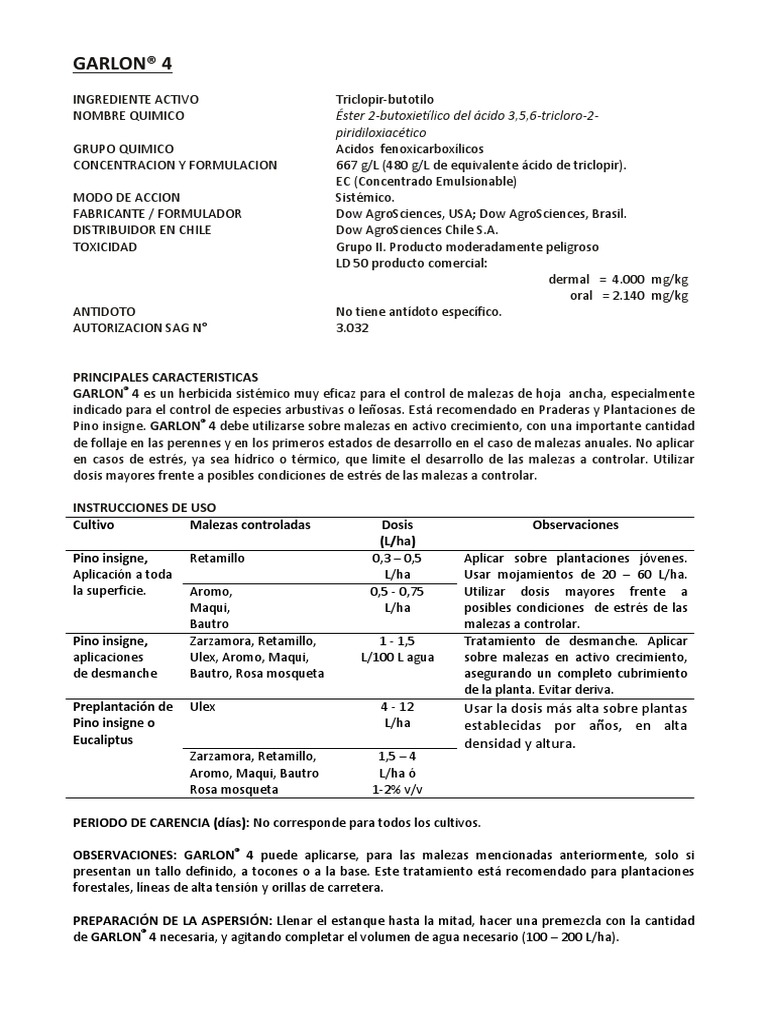 Garlon 4: Herbicida y Dosis Recomendadas | PDF | Botánica | Plantas