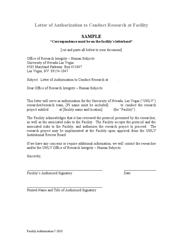Practice Research Proposal SAMPLE FacilityAuthorizationLetter | PDF