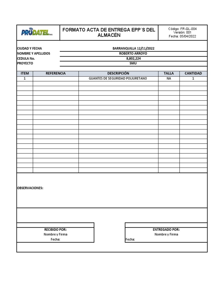 Acta de Entrega de Epp | PDF