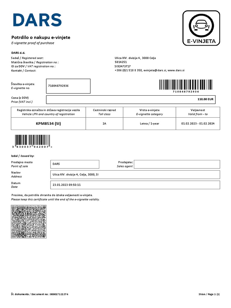 Potrdilo o Nakupu E-Vinjete - 202301230950 | PDF