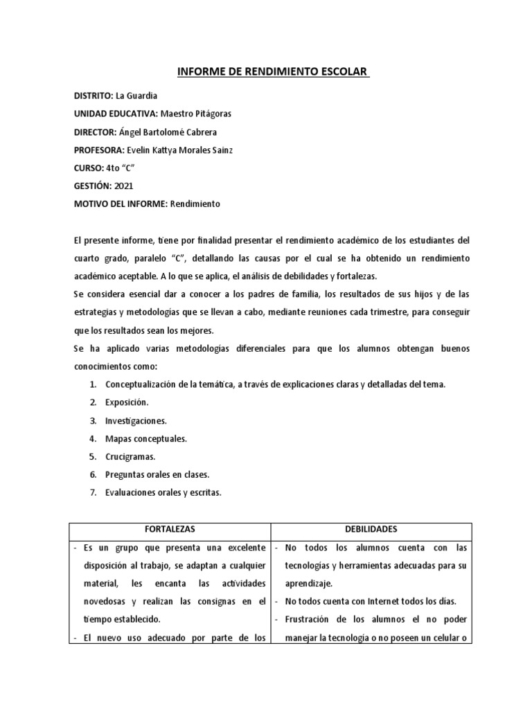 Informe de Rendimiento Escolar | PDF | Desorden hiperactivo y deficit ...