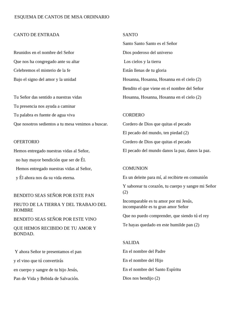 Esquema de Cantos de Misa Ordinario | PDF