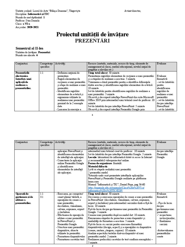 Proiectul Unitatii de Invatare Prezentari | PDF